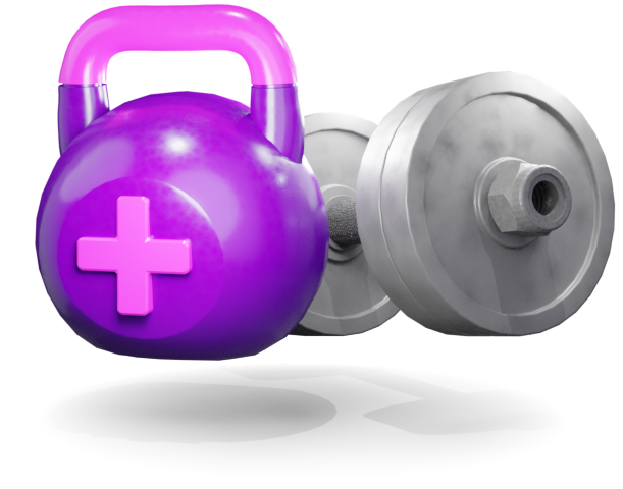 Purple math kettlebell and gray dummbell