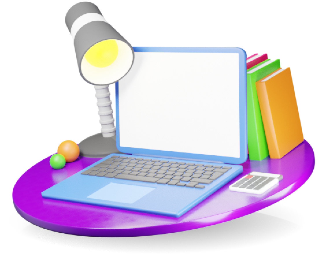 Laptop and desklamp on purple desk with books and calculator