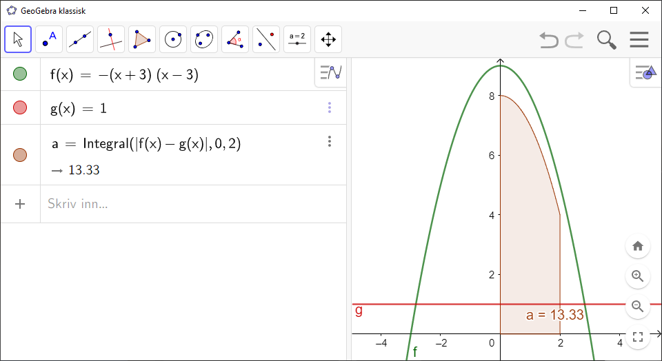 Hvordan finne arealet mellom grafer i GeoGebra | House of Math