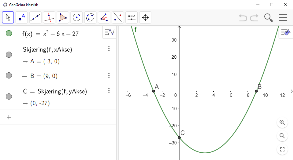 Hvordan finne skjæring med koordinataksene i GeoGebra | House of Math