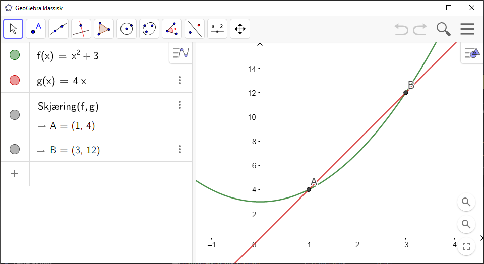 Hvordan finne skjæring mellom grafer i GeoGebra | House of Math