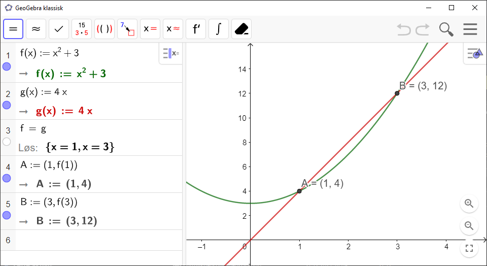 Hvordan finne skjæring mellom grafer i GeoGebra | House of Math